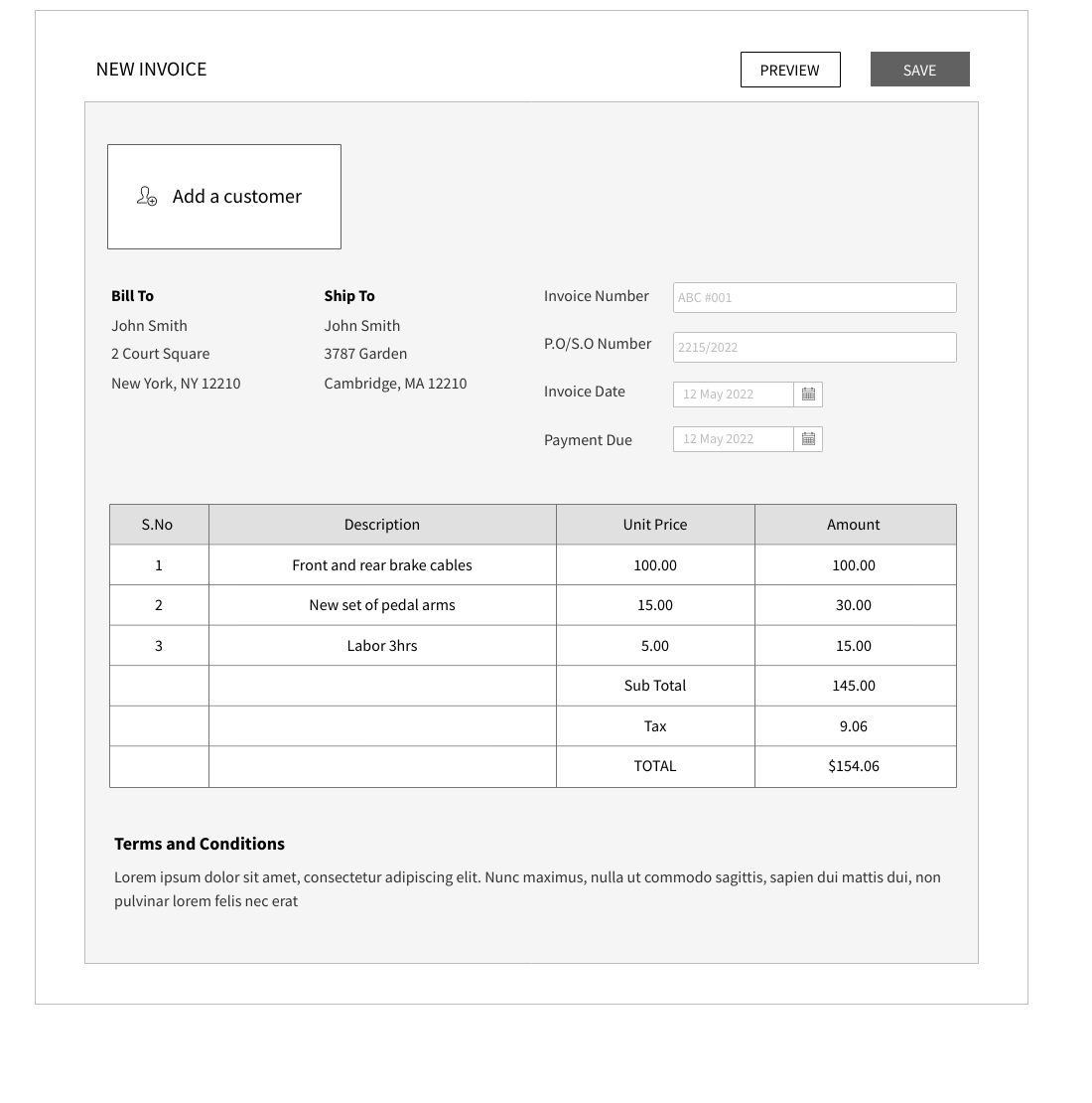 Free Wireframe Template for New Invoice creation