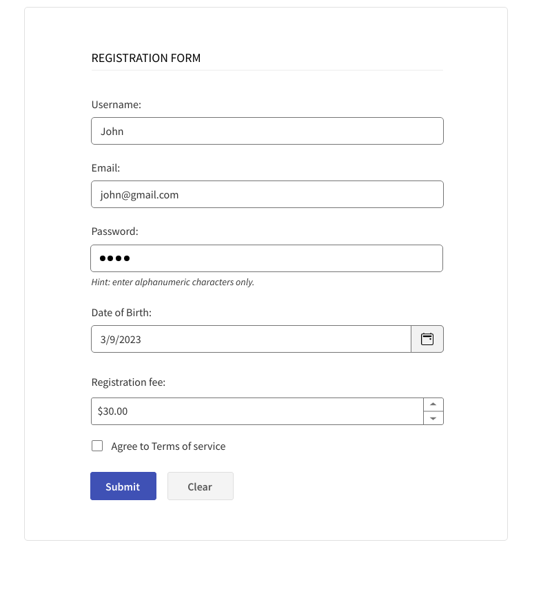 Free Wireframe Template for Kendo UI - Registration form