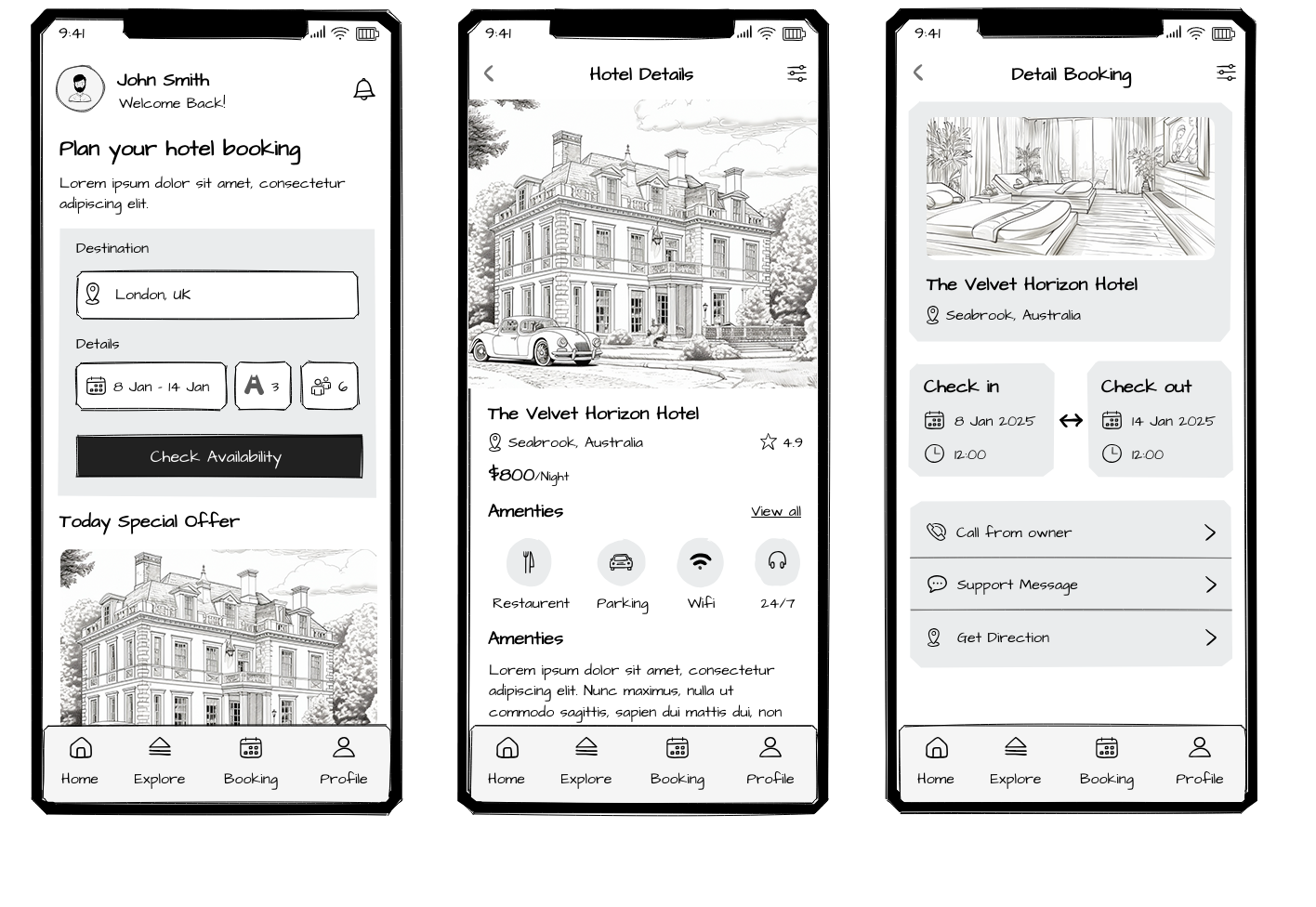 Free Wireframe Template for Sketchy hotel booking app