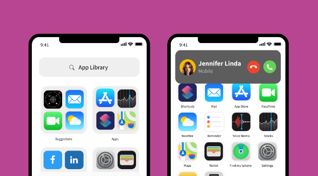 Free Wireframe Template for iPhone 14 - App Library and call notification