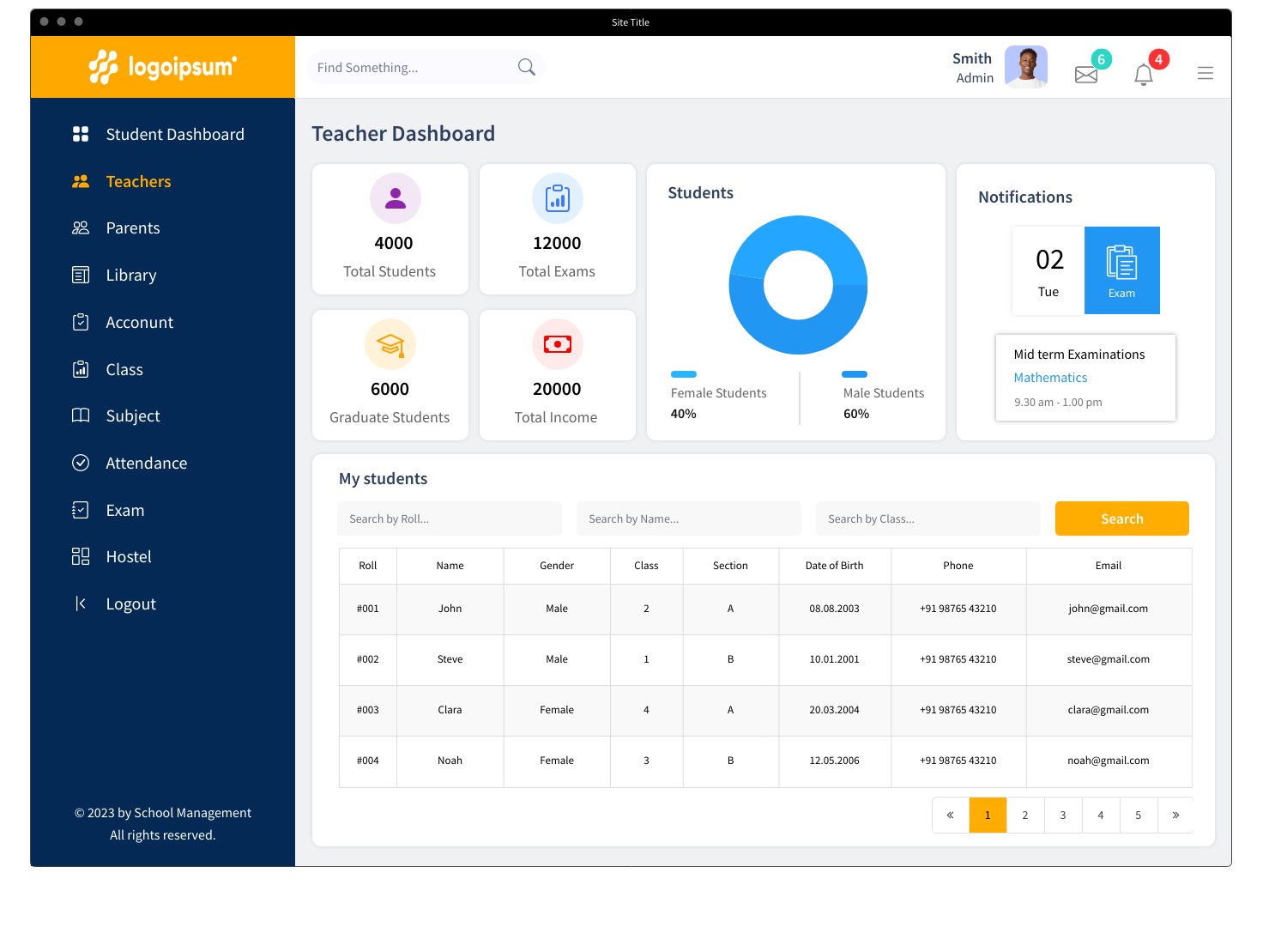 Free Wireframe Template for Teacher Dashboard
