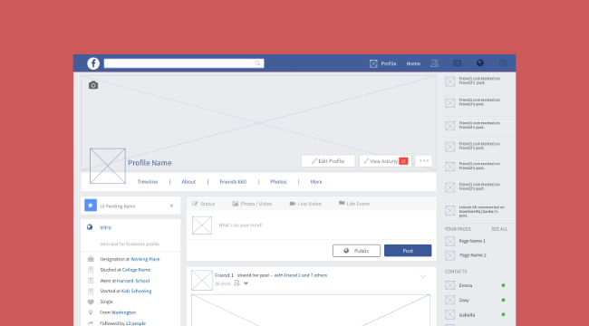 Free Wireframe Template for Facebook web social kit