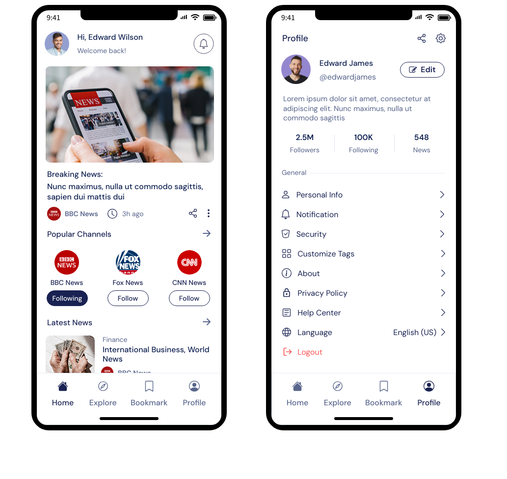 Free Wireframe Template for News app - Home and profile for iPhone