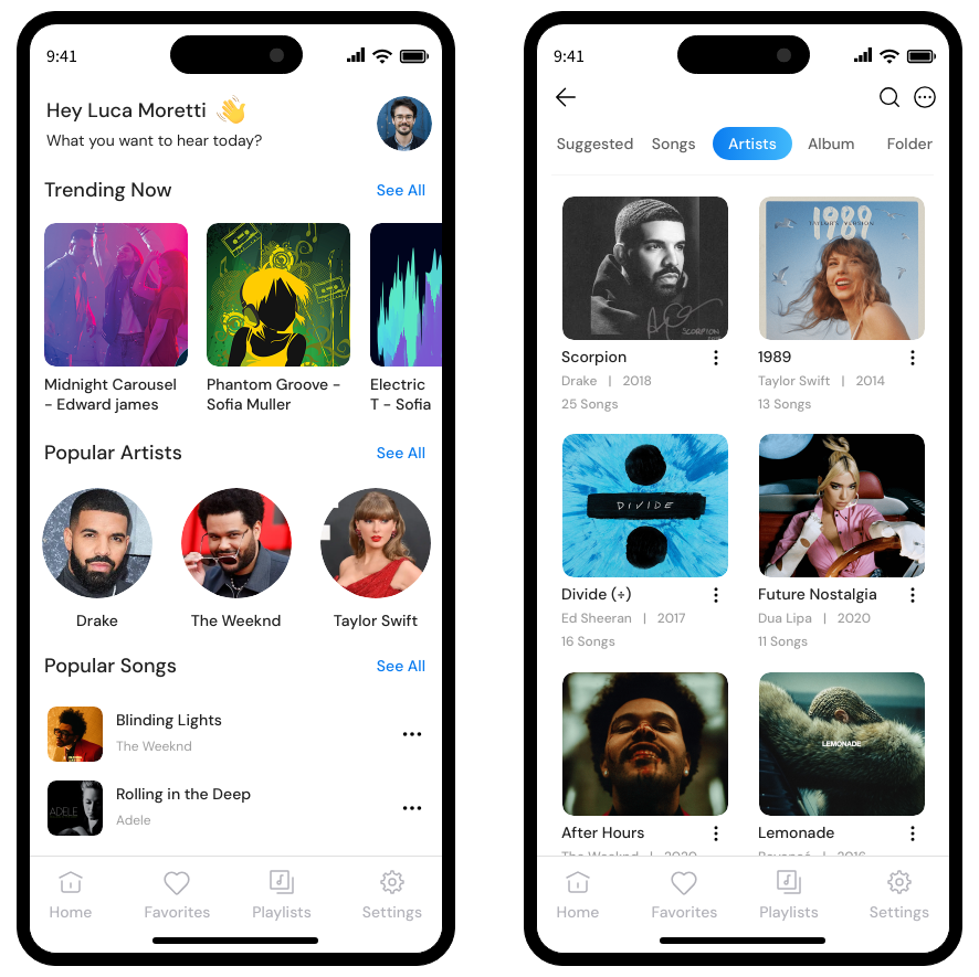 Free Wireframe Template for Music app home & albums