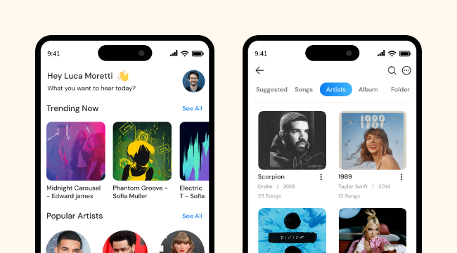 Free Wireframe Template for Music app home & albums