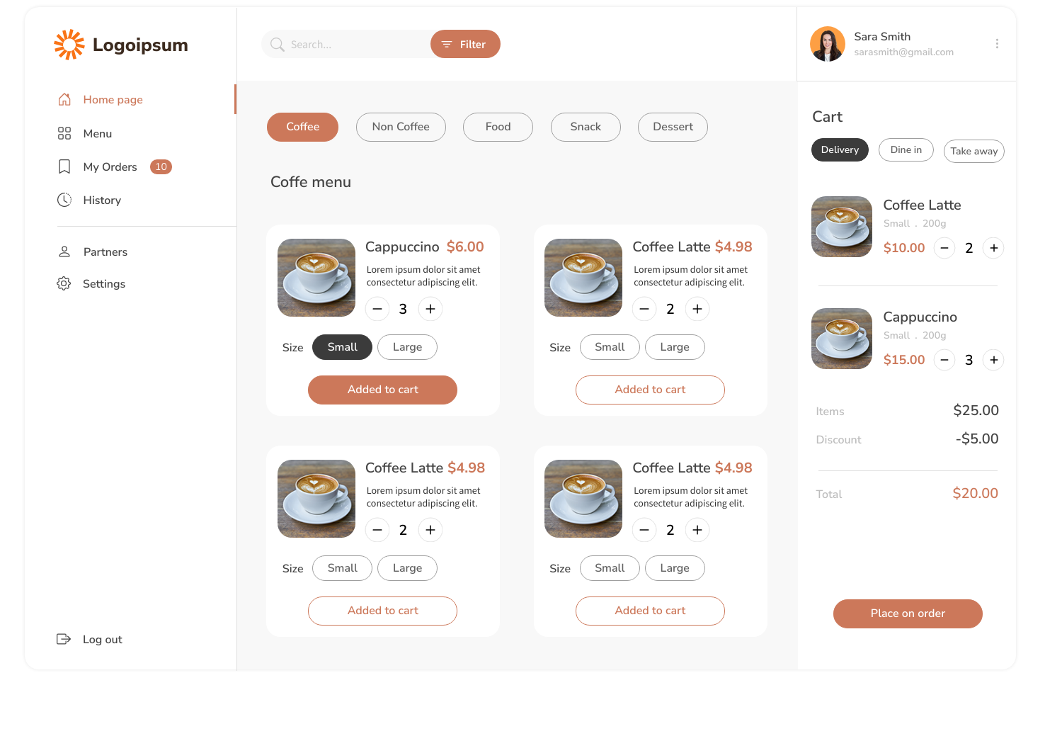 Free Wireframe Template for POS - Coffee ordering app