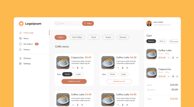 Free Wireframe Template for POS - Coffee ordering app
