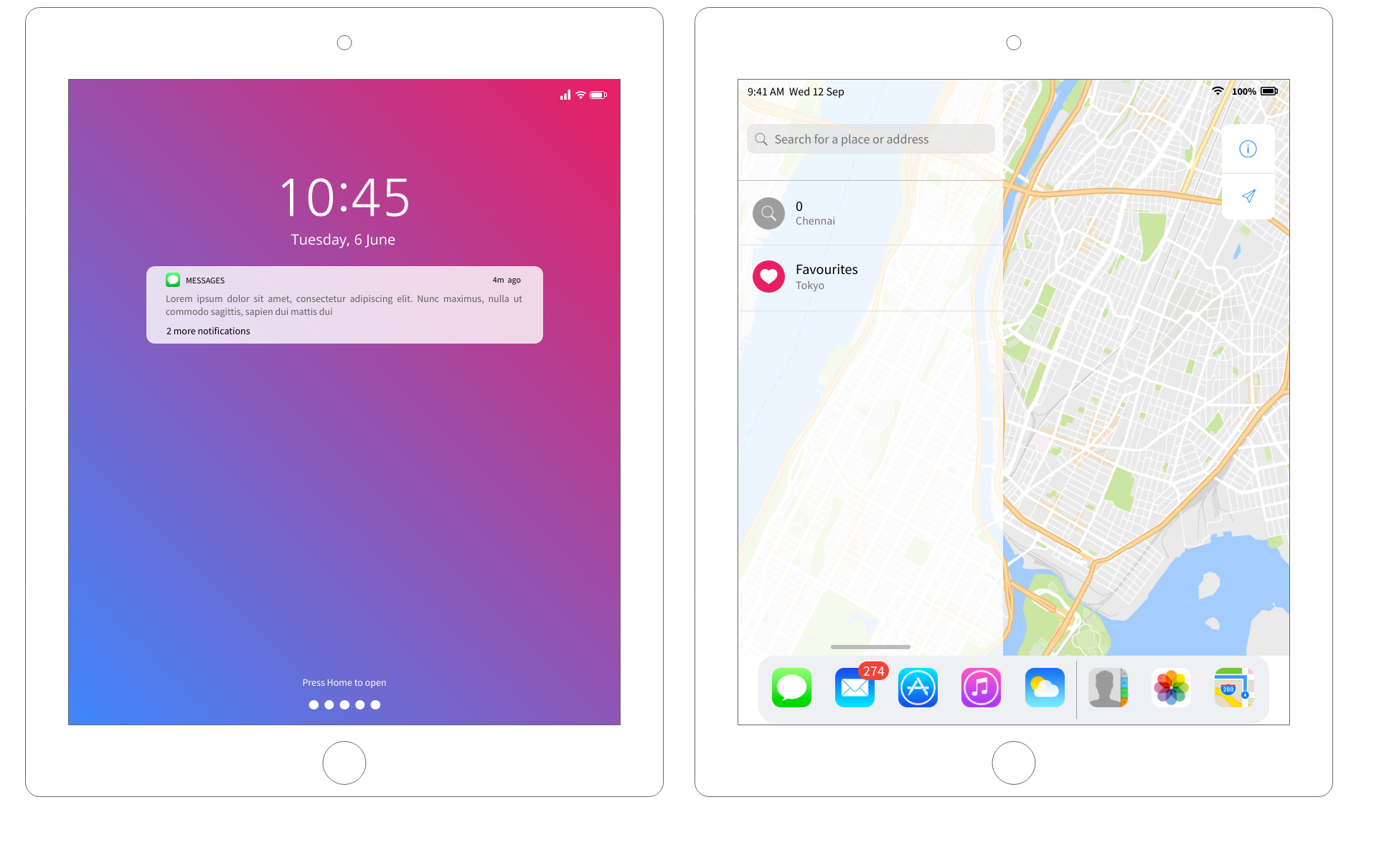Free Wireframe Template for iPad 12 - Lock and Map screen