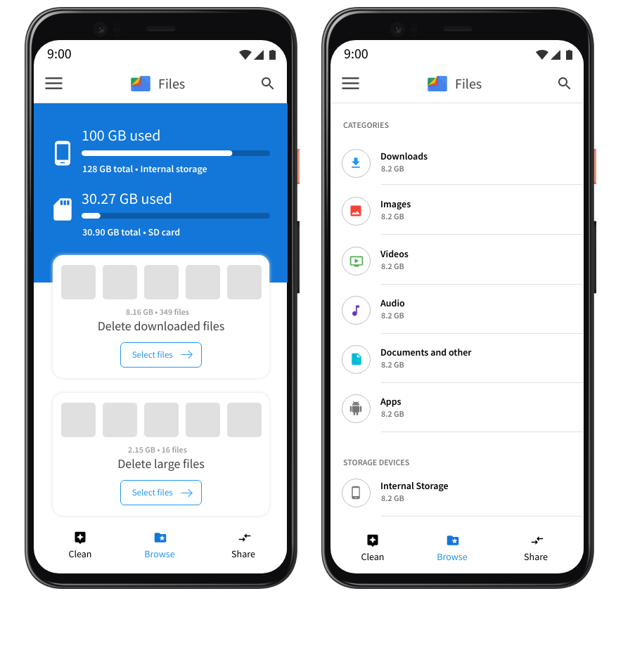 Free Wireframe Template for Android 11 - File manager app