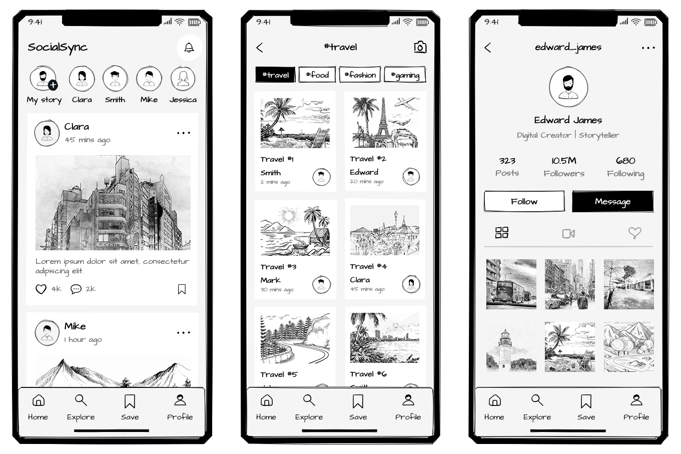 Free Wireframe Template for Sketchy social media app