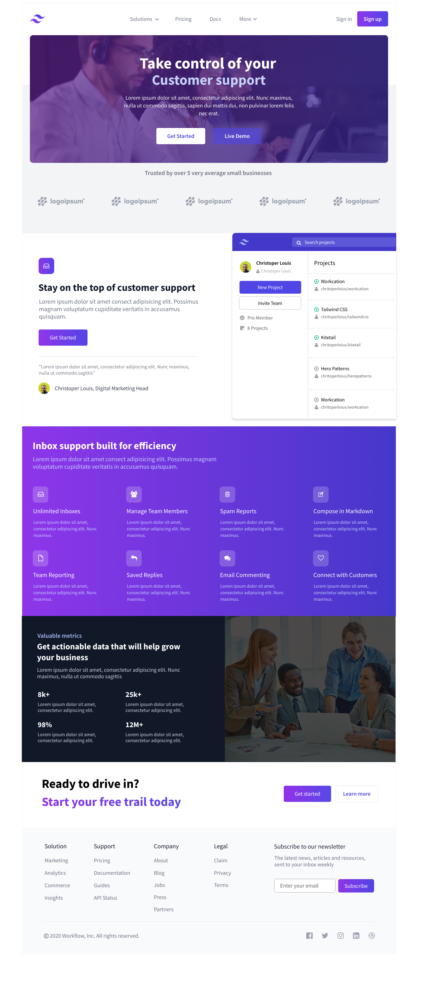 Free Wireframe Template for Tailwind 3 customer support