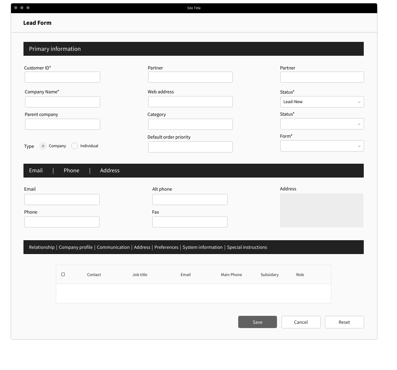 Free Wireframe Template for ERP - Lead Form