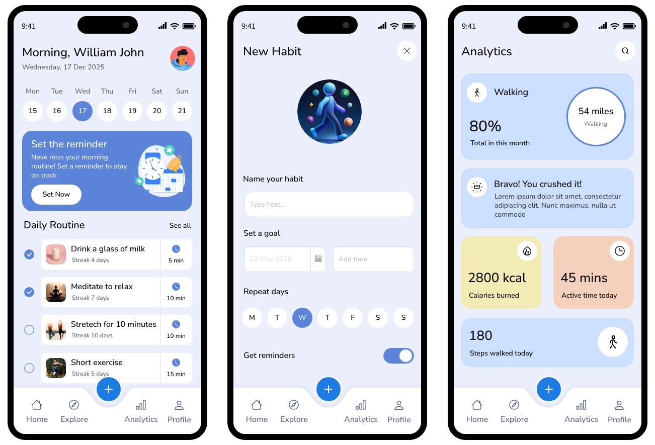 Free Wireframe Template for Habit tracker app