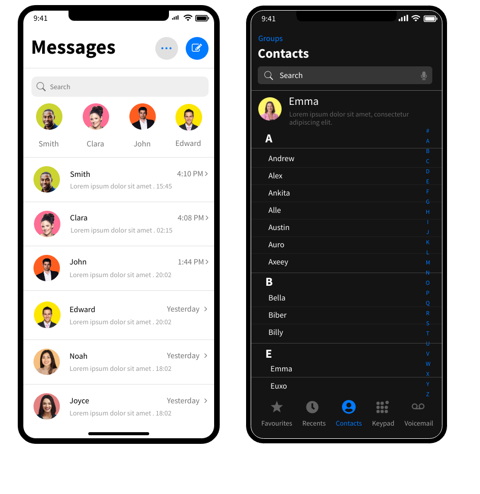 Free Wireframe Template for iPhone 13 - Message and contact