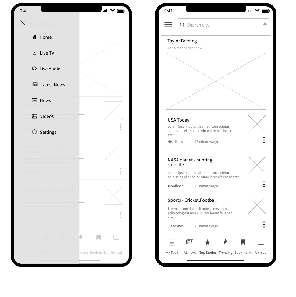 Free Wireframe Template for News app - Home and sidebar