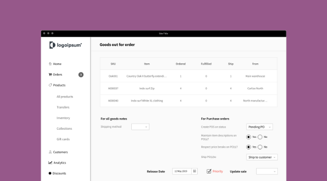 Free Wireframe Template for ERP - Goods out for order