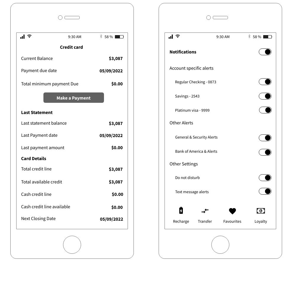 Free Wireframe Template for Bank UI - Credit card settings