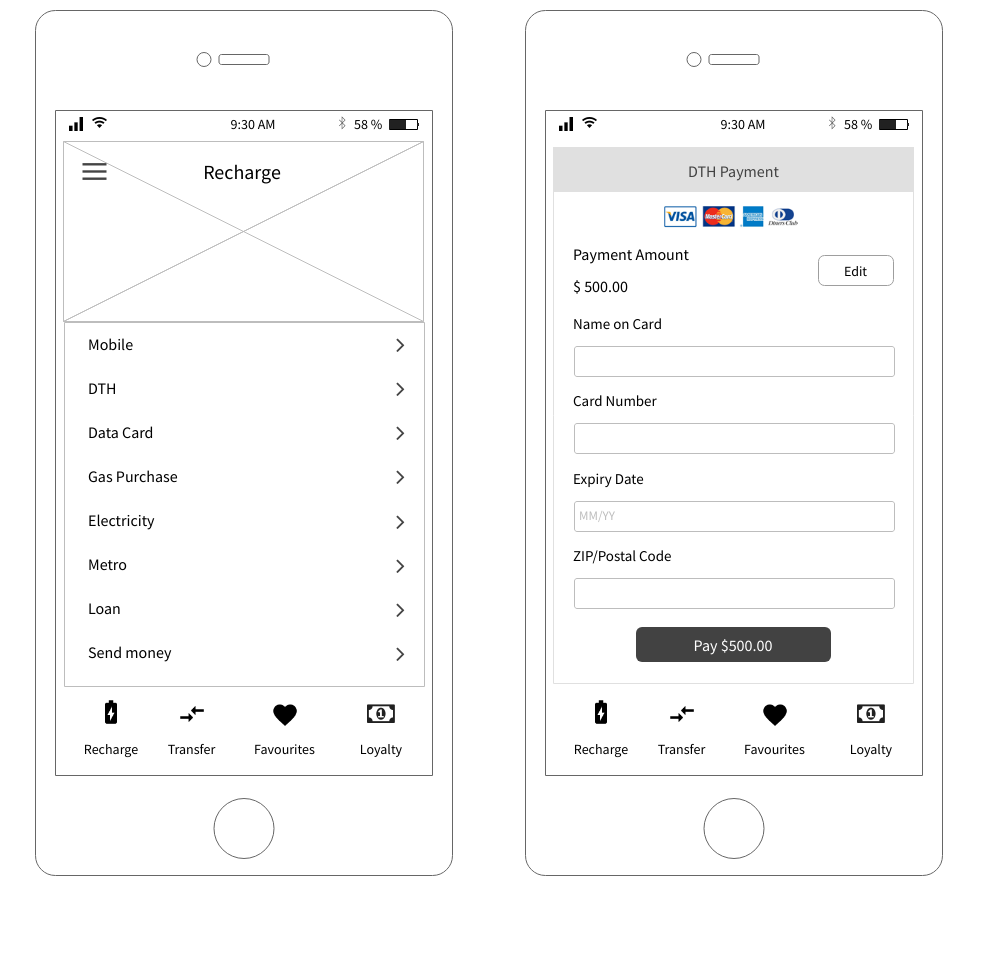 Free Wireframe Template for Bank UI - Mobile app recharge
