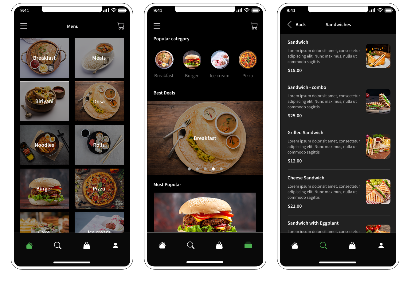 Free Wireframe Template for Dark mode - Food app