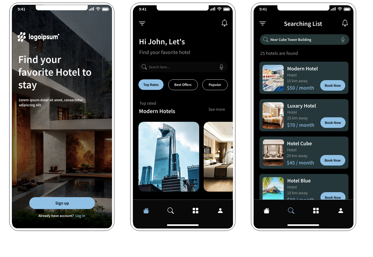 Free Wireframe Template for Dark mode - Hotel booking app