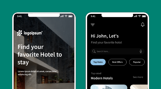 Free Wireframe Template for Dark mode - Hotel booking app