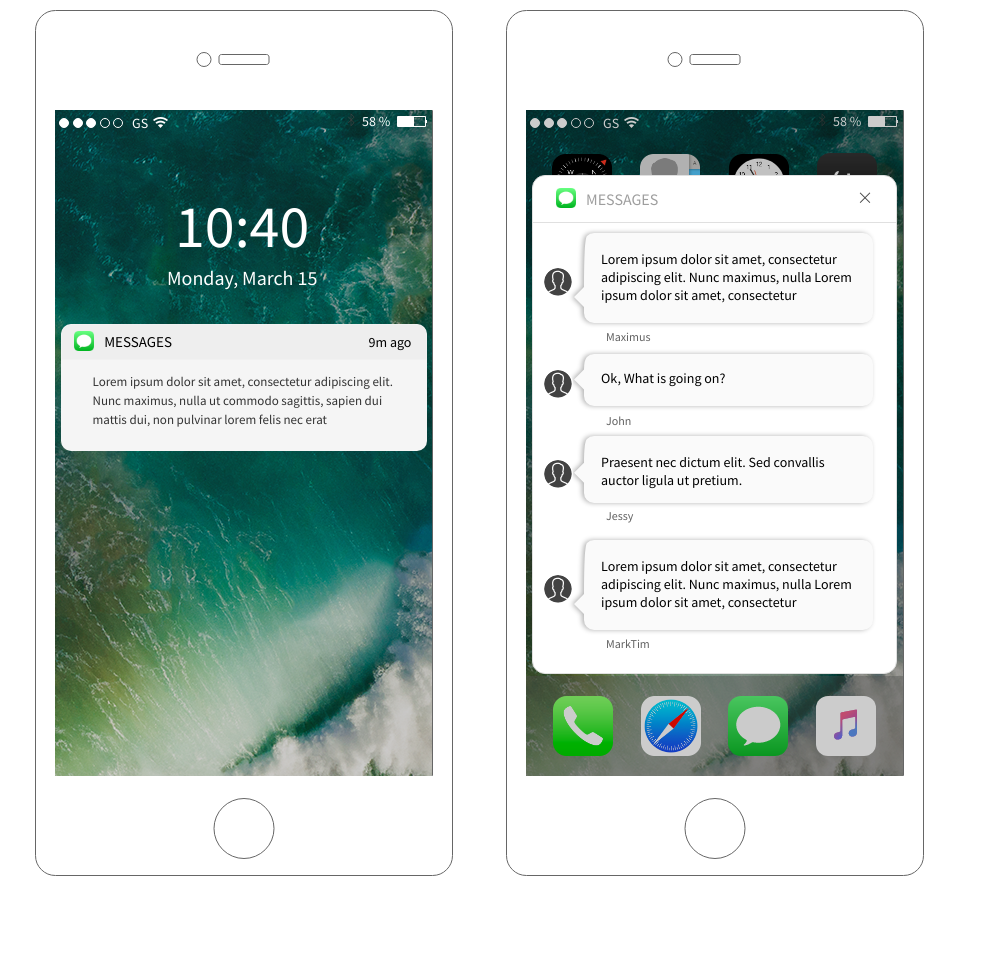 Free Wireframe Template for iPhone 10 - Message notification and popover