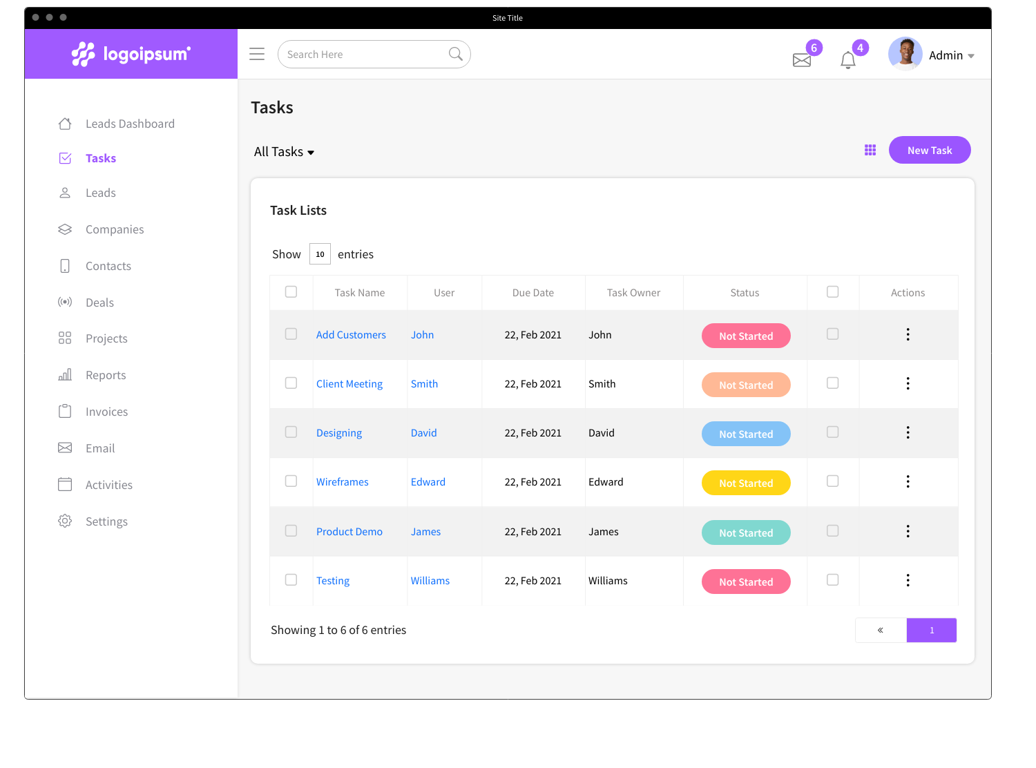 Free Wireframe Template for CRM web - Tasks