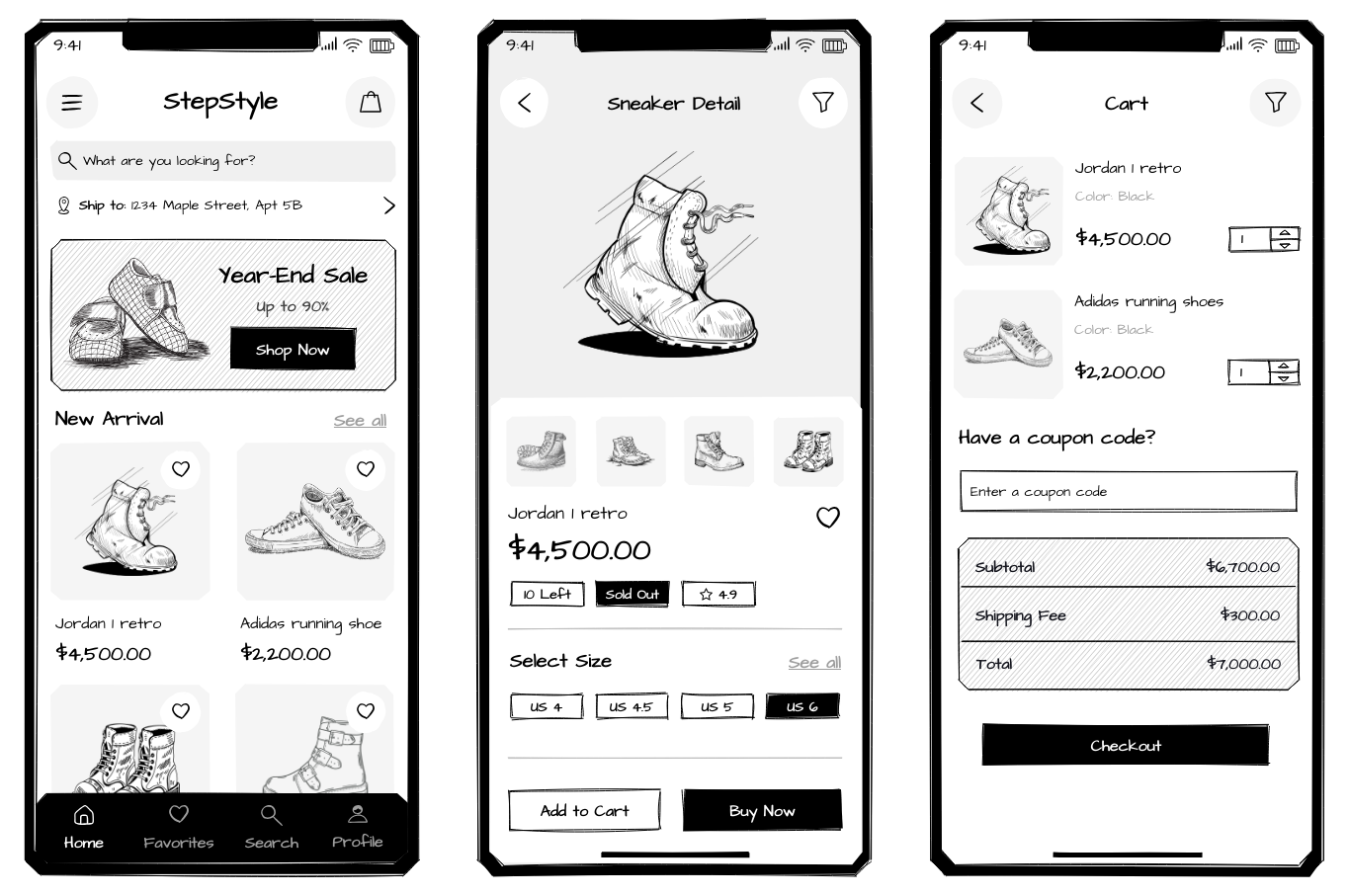 Free Wireframe Template for Sketchy E-commerce app