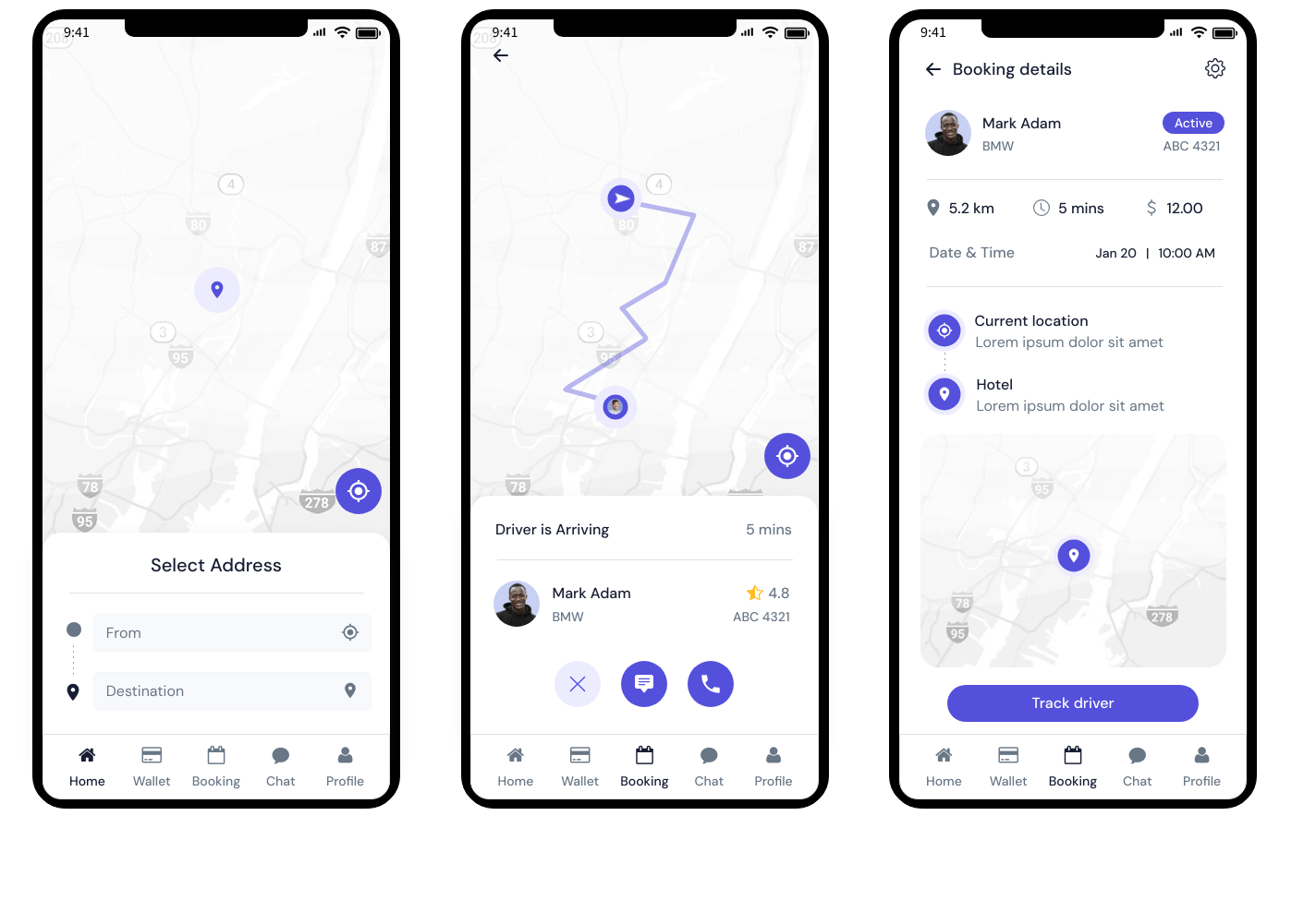 Free Wireframe Template for Cab booking app for iPhone