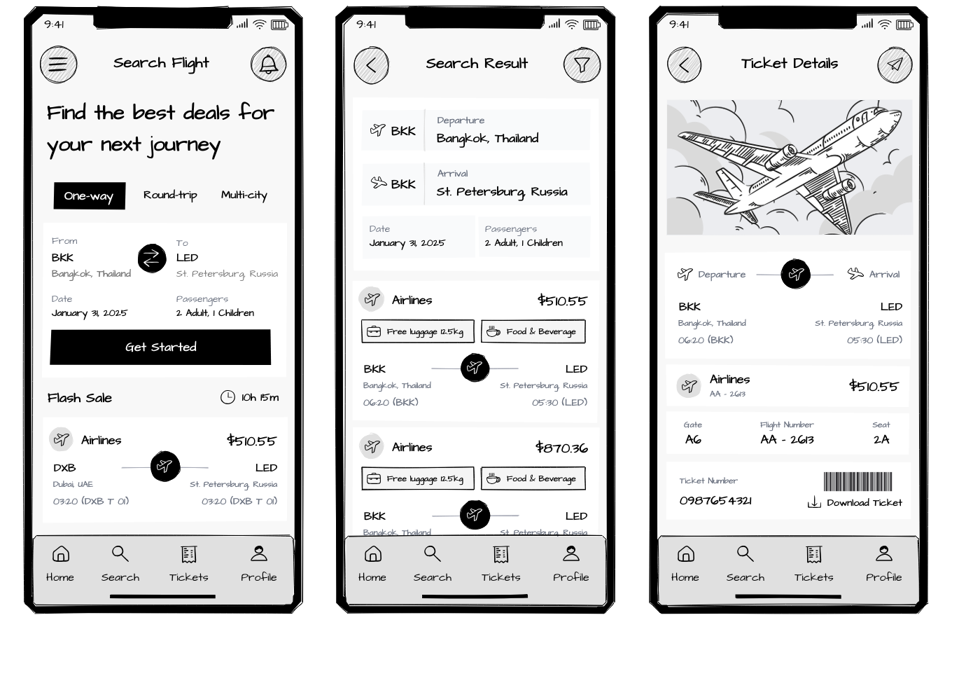 Free Wireframe Template for Sketchy flight booking app