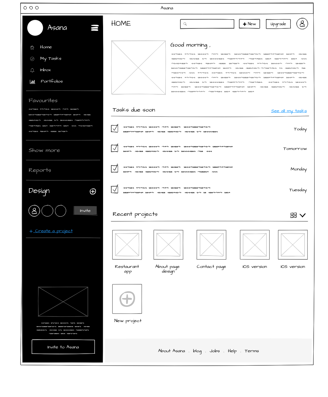 Free Wireframe Template for Asana - Home tasks page