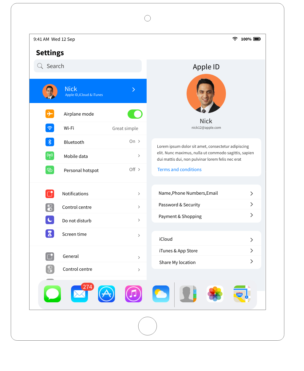 Free Wireframe Template for iPad 12 - Settings