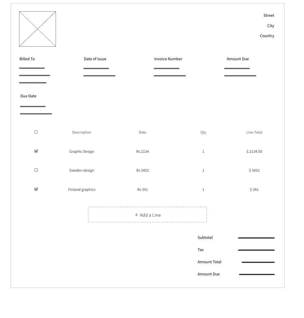 Free Wireframe Template for Invoice mockup bill layout