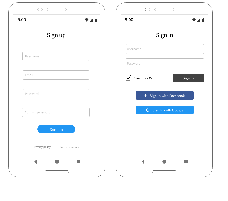Free Wireframe Template for Android 9 - Sign in & Sign up