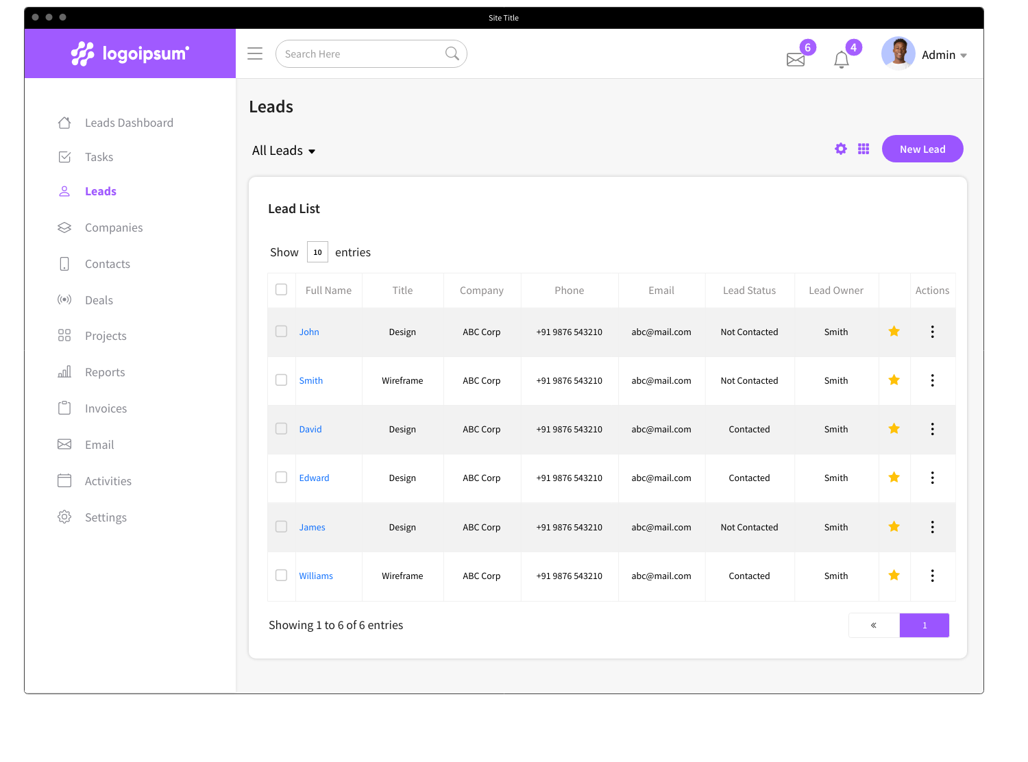 Free Wireframe Template for CRM web - Leads