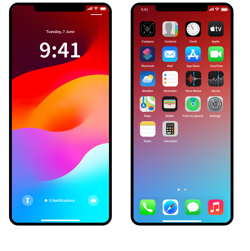 Free Wireframe Template for iPhone iOS 17 - Lock and Home screen