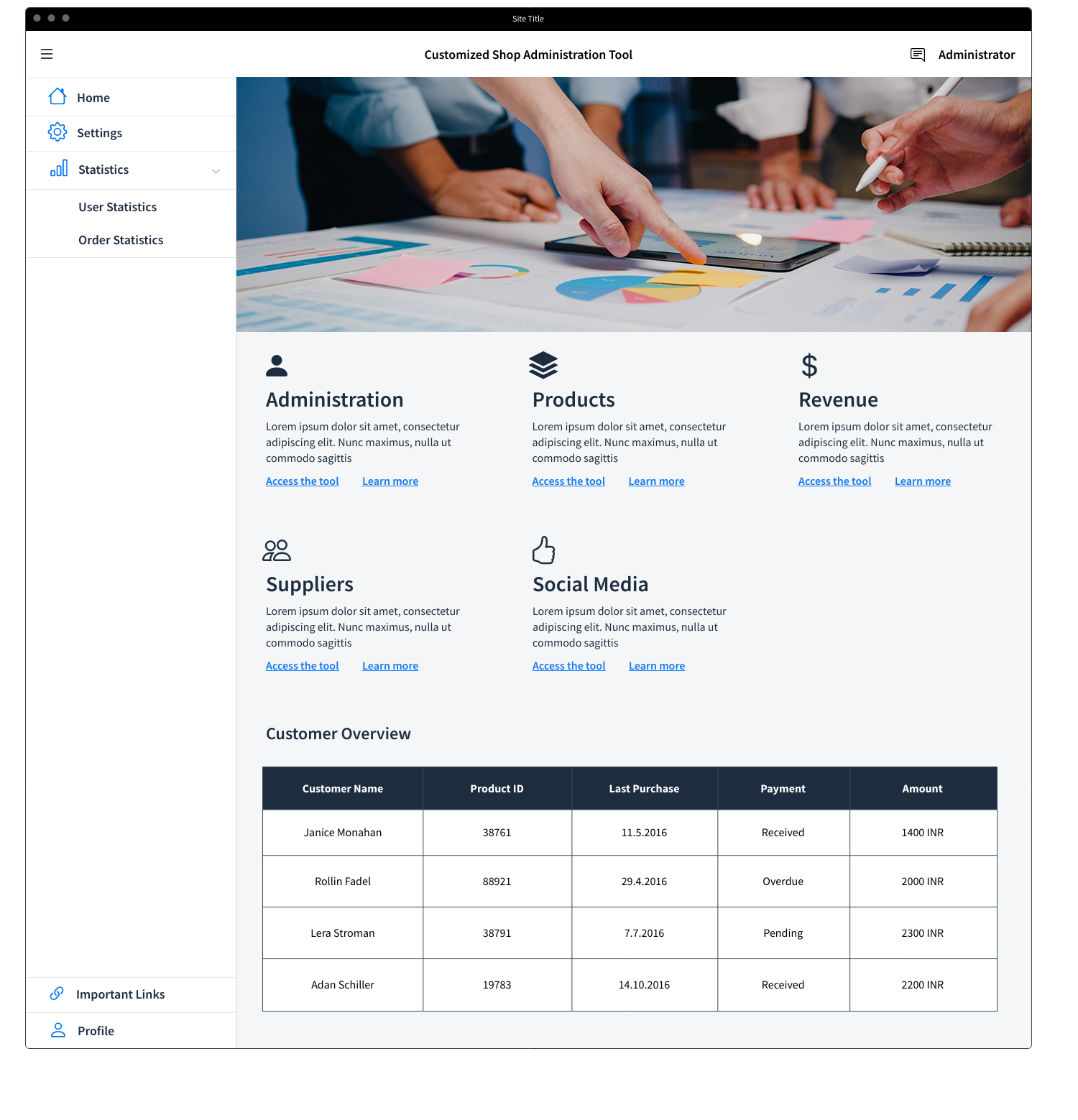 Free Wireframe Template for SAP - Customized Shop Administration Tool