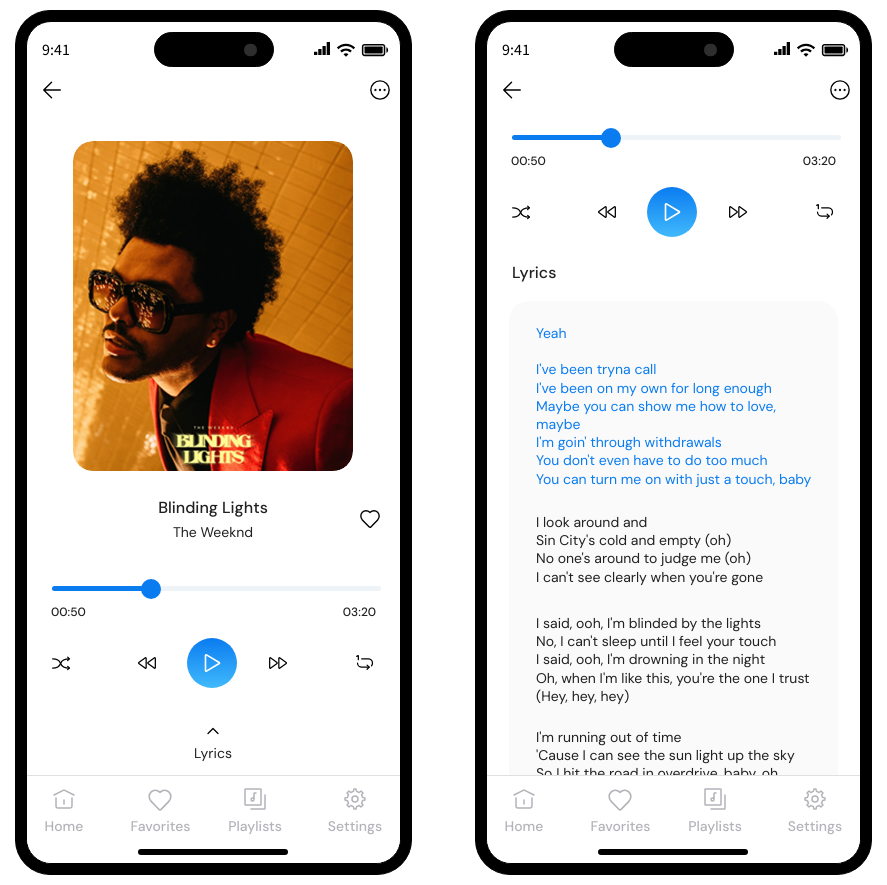 Free Wireframe Template for Music app player & lyrics