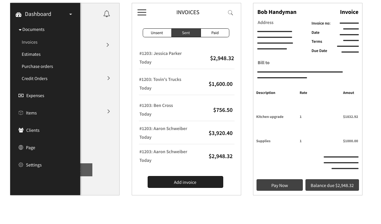 Free Wireframe Template for Invoice dashboard mobile layout